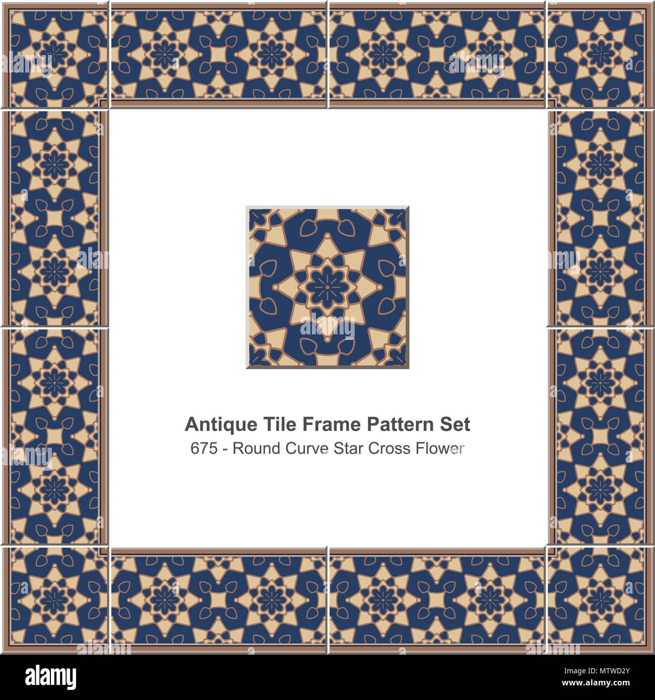 Antique tile frame pattern set round curve star cross flower gold ...