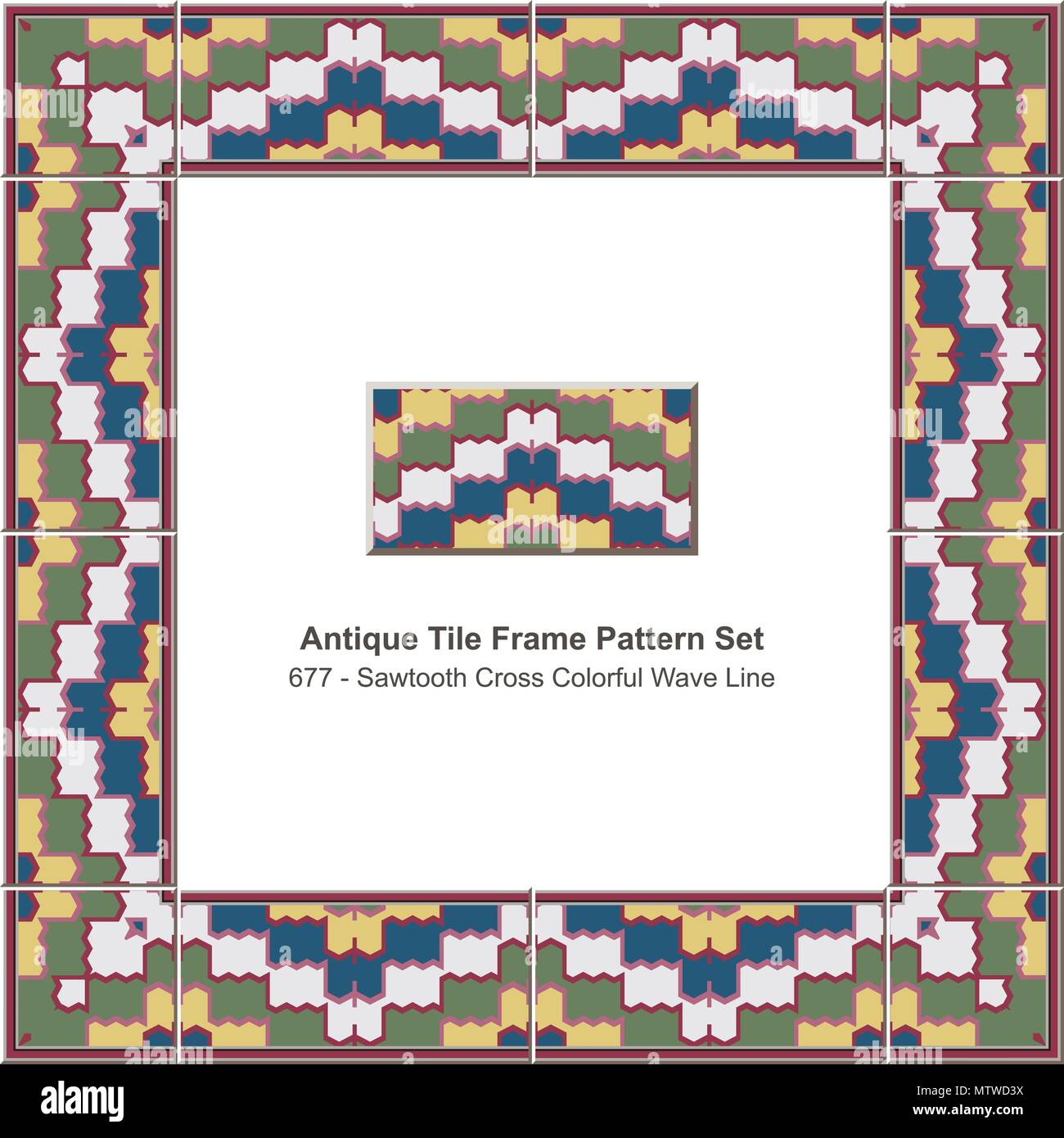 Antique tile frame pattern set sawtooth cross colorful geometry wave ...
