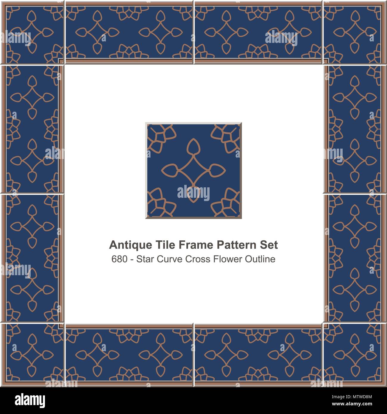 Antique tile frame pattern set star curve cross flower outline, ceramic ...