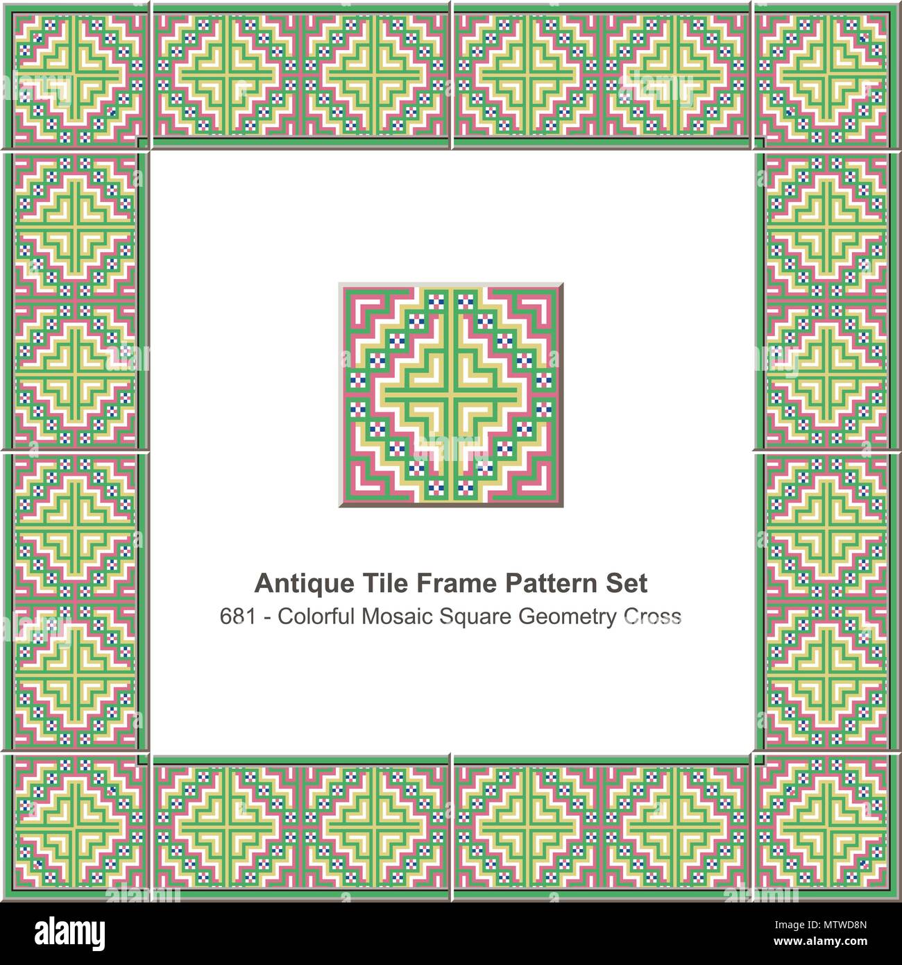 Antique tile frame pattern set colorful mosaic pixel square geometry ...