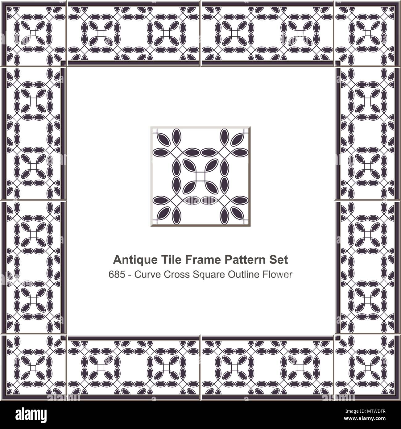 Antique tile frame pattern set curve cross square outline flower ...