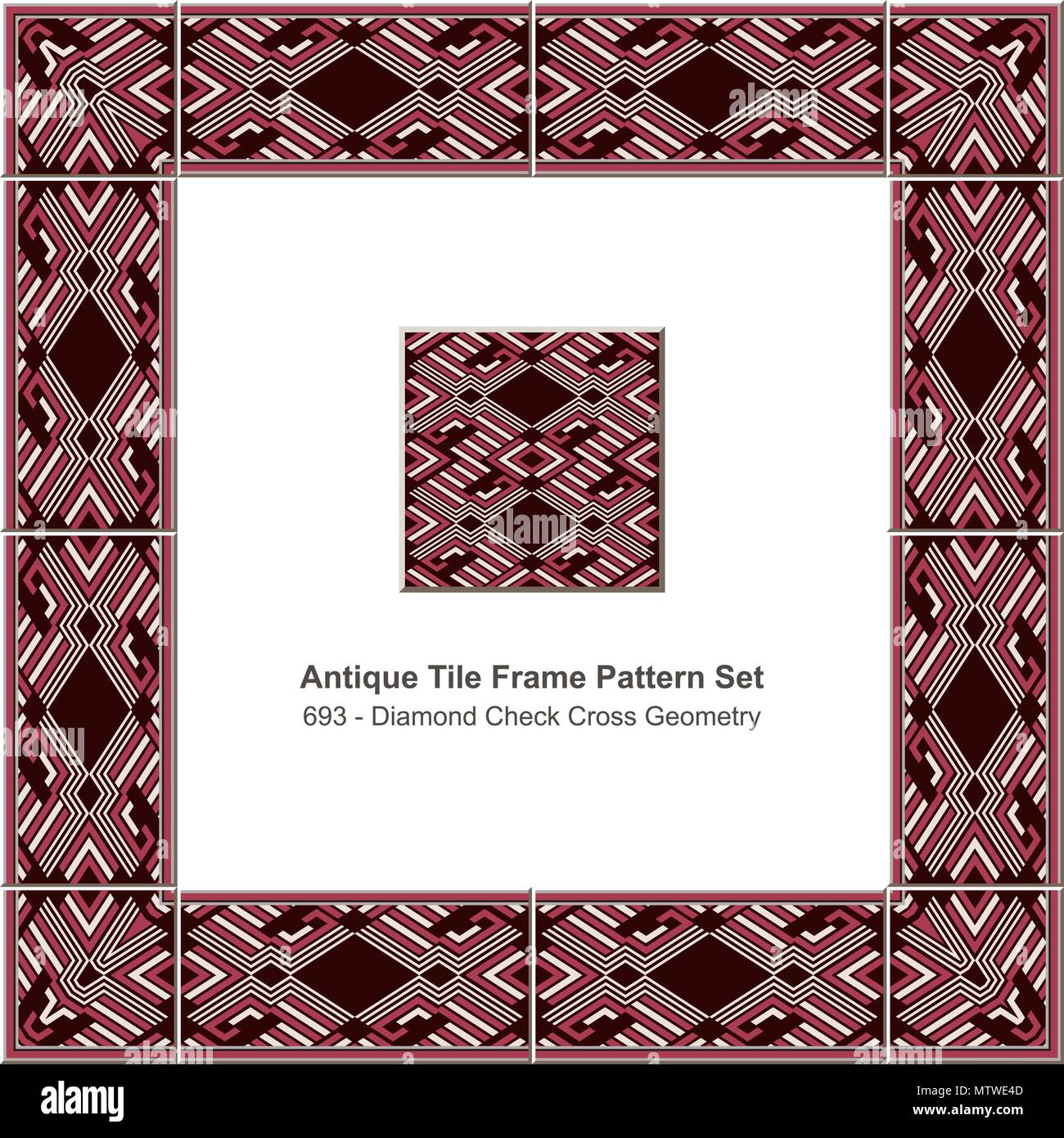 Antique tile frame pattern set diamond check cross geometry, ceramic ...