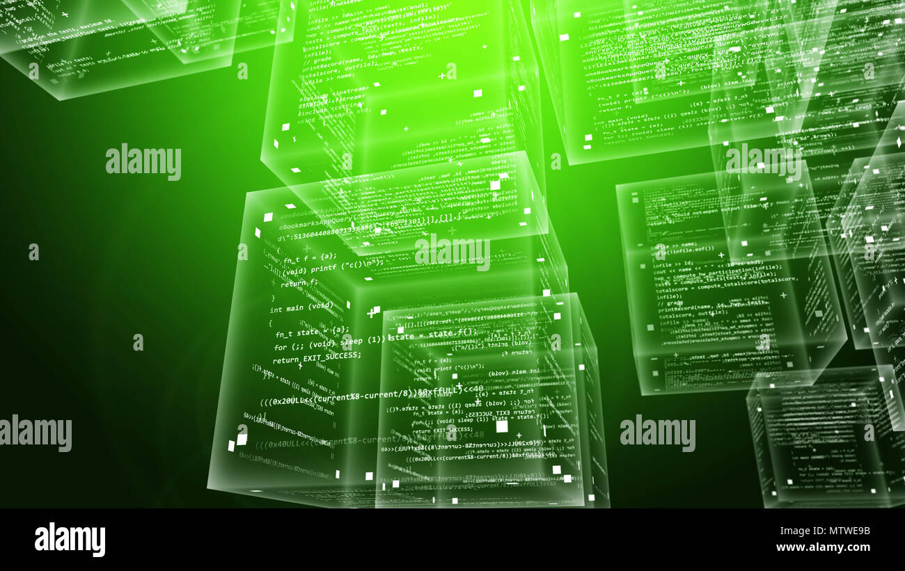 An ultramodern 3d illustration of crystalline program code boxes flying ...