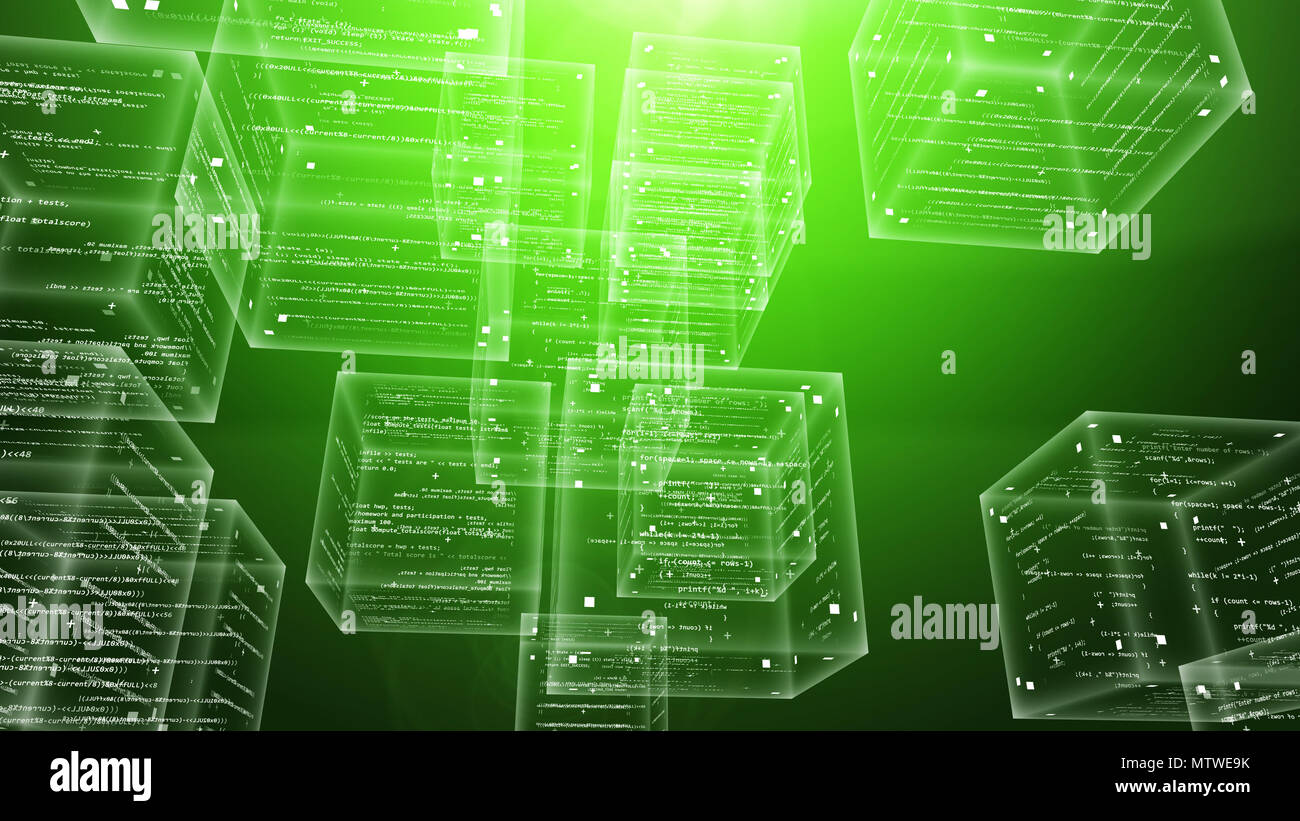 A futuristic 3d rendering of lucid program code boxes soaring in the ...