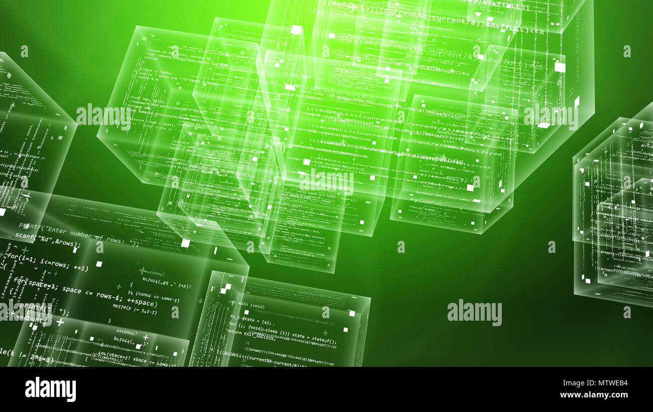 An advanced 3d illustration of crystal program code boxes spinning in ...