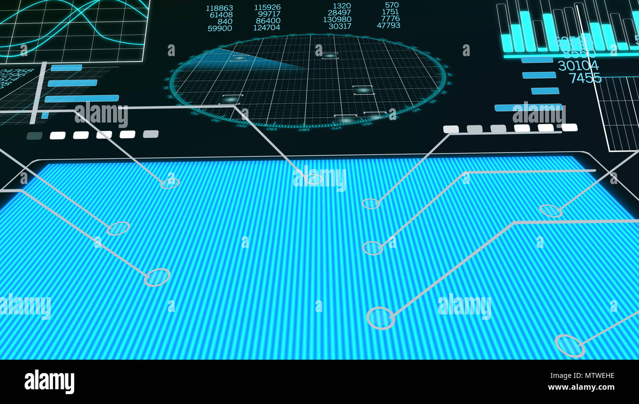 A sci-fi 3d rendering of a plane detecting device with a blue rectangle ...