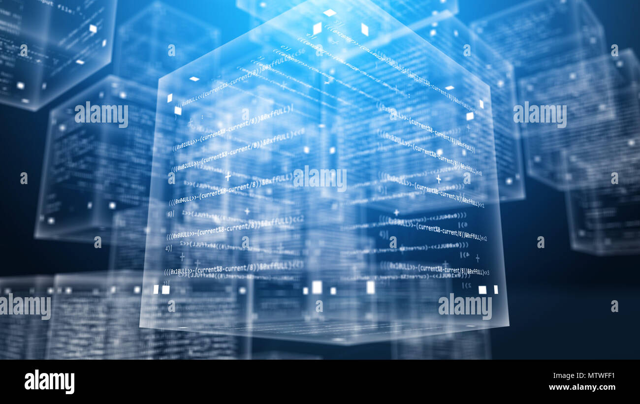 A futuristic 3d rendering of transparent program code boxes full of ...