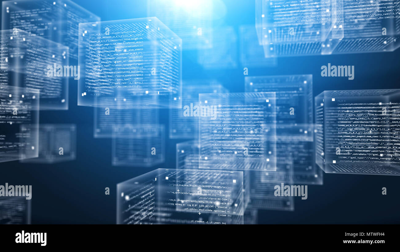 A high-tech 3d illustration of transparent program code tubes flying in ...