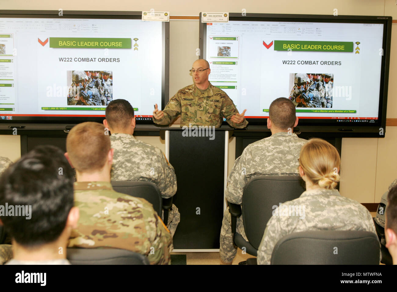 Staff Sgt. Kevin Hopper (standing), instructor for the Basic Leader ...