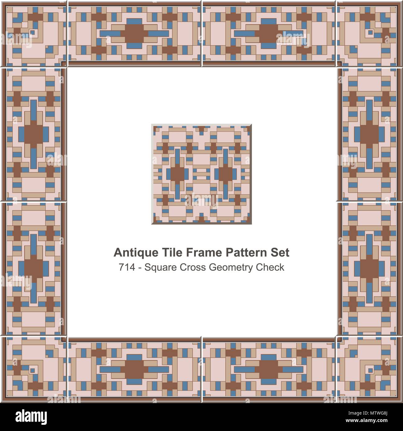 Antique tile frame pattern set square cross geometry check, ceramic decoration template for ...