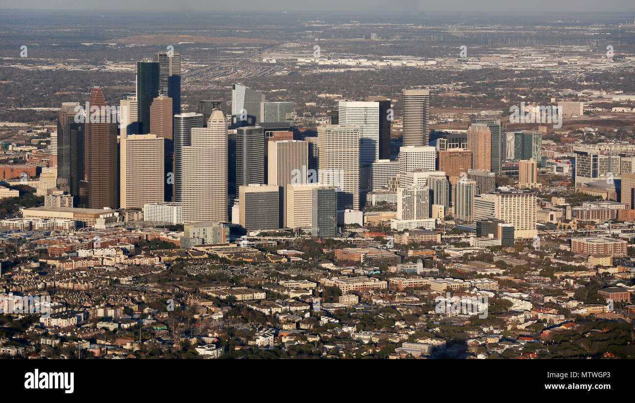 Downtown Houston is visible during the flyover of a U.S. Customs and ...