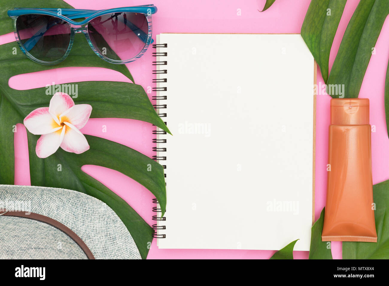 Tropical top view summer botanical concept still life white frame ...