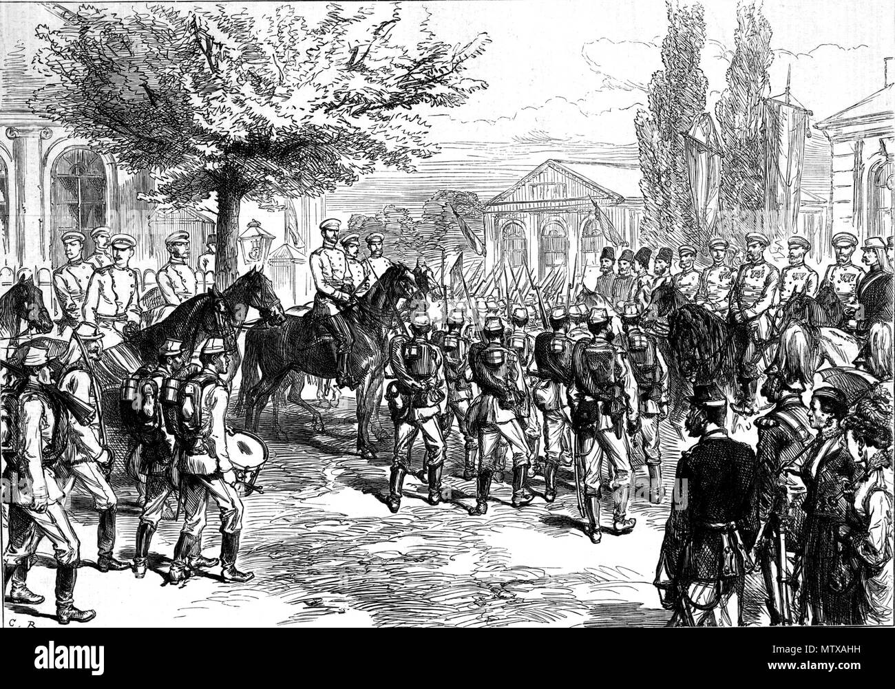. Russian troops marching past the Emperor Alexander II and the Grand ...