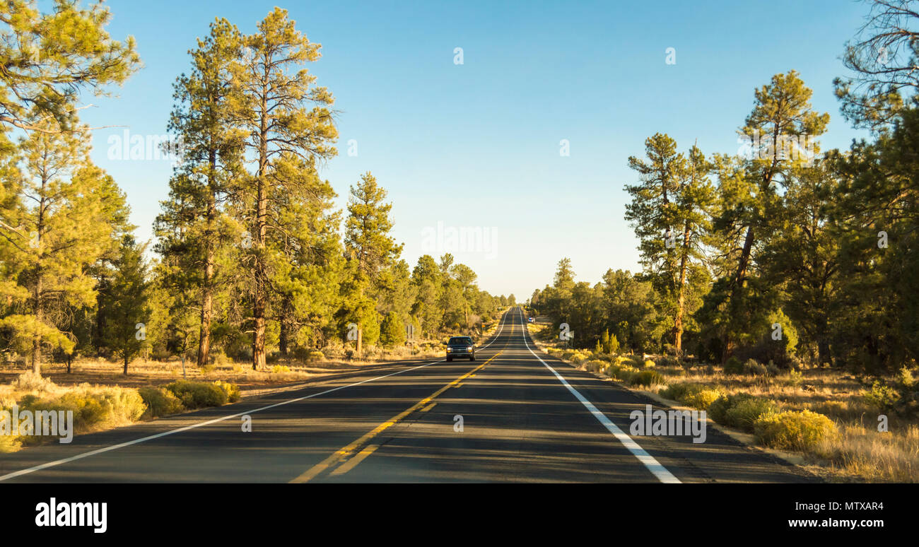 Road trip to the Grand Canyon. Wide view of country road in Arizona, in ...