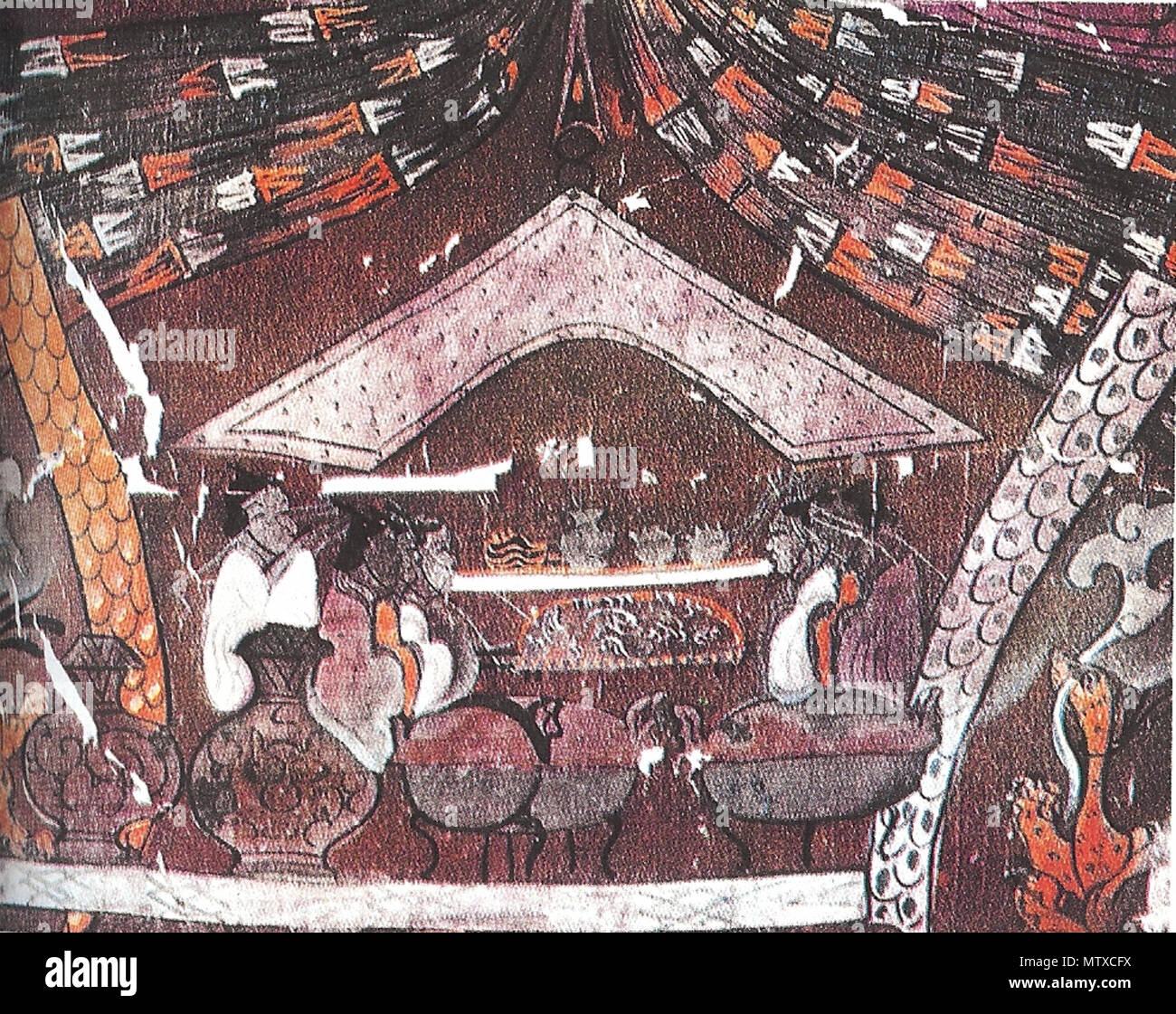 . A Chinese silken banner section with a painted design of a ...