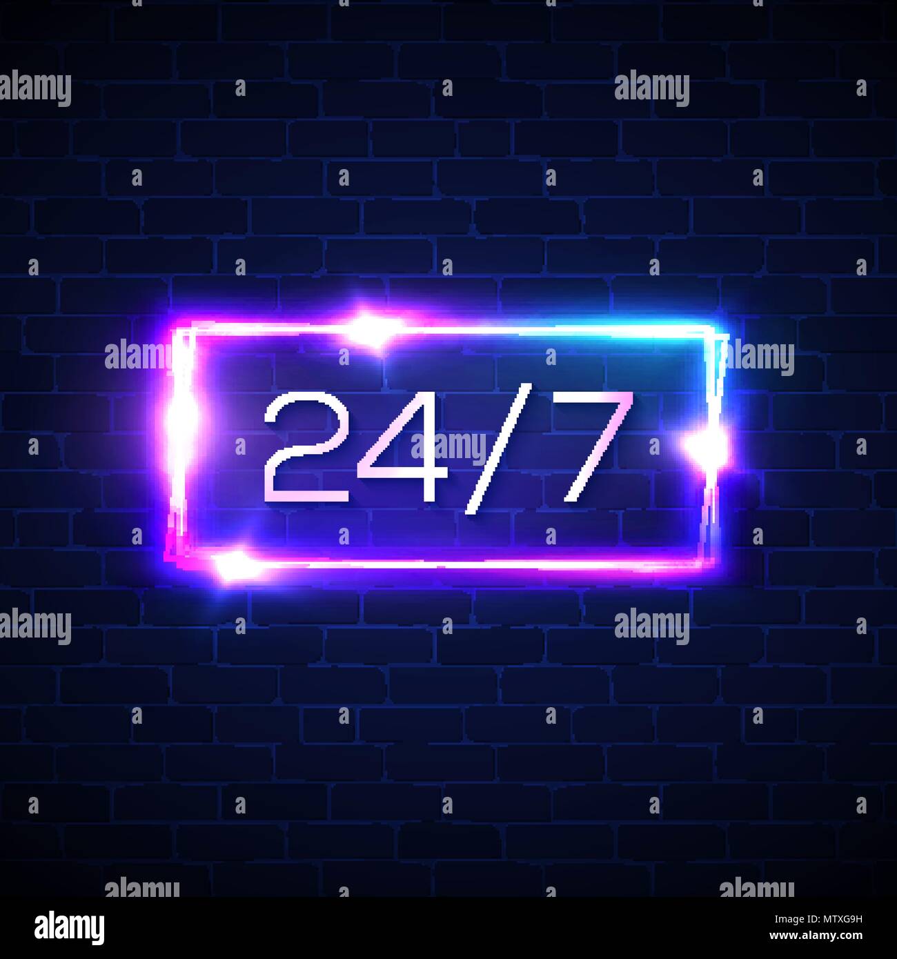 Opening hours 24 7. Neon light rectangle round the clock store frame on ... Opening hours 24 7. Neon light rectangle round the clock store frame on ...