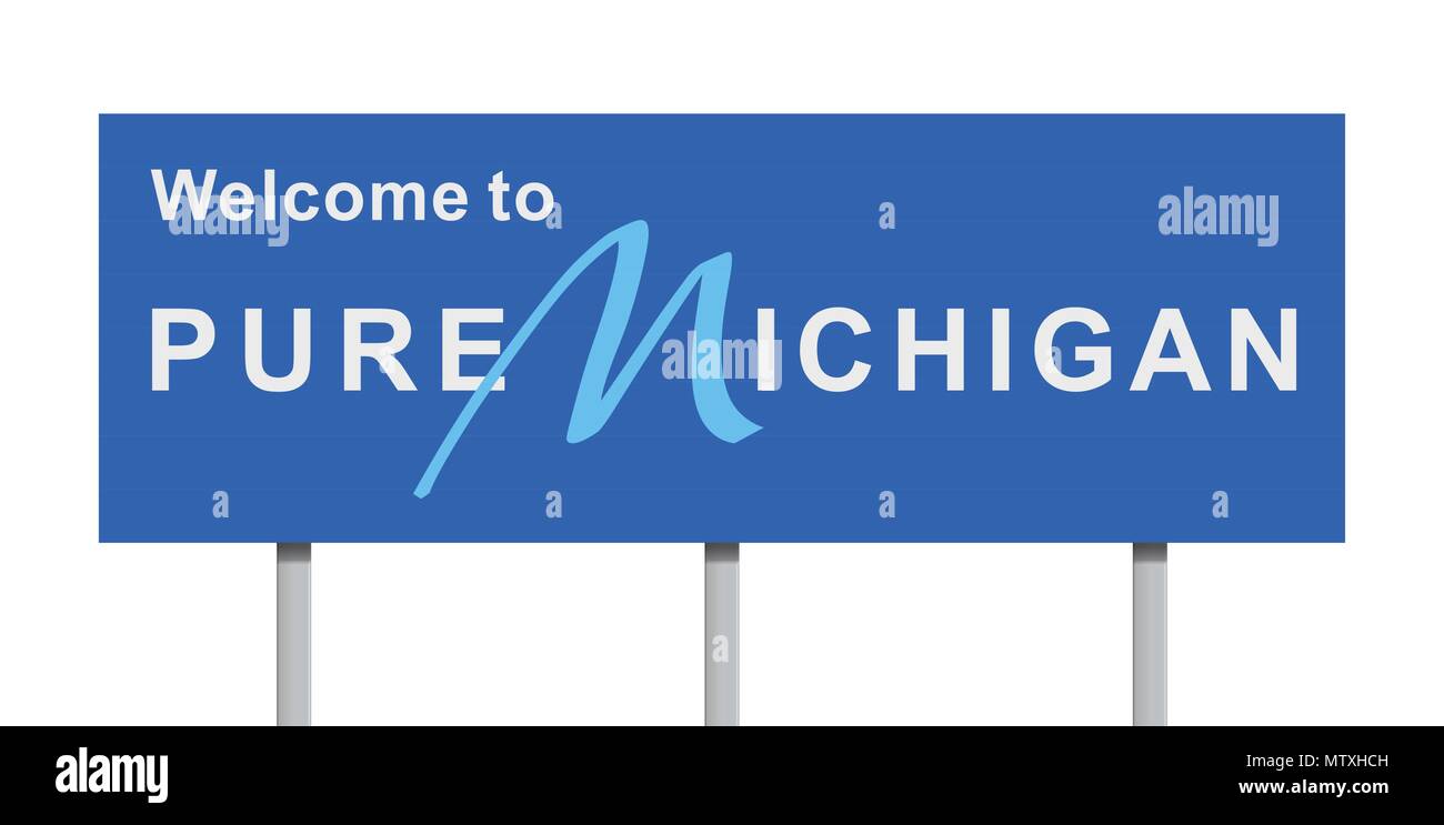 Vector illustration of the Welcome to Pure Michigan blue road sign ...