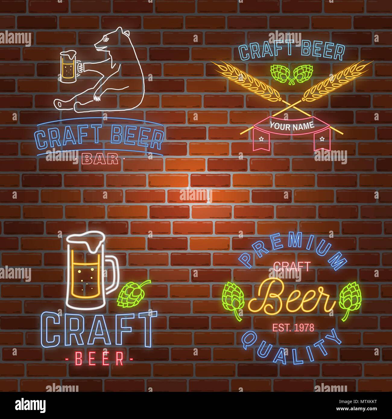 Set of neon signboard Craft Beer Bar with hops, barley and pint of beer ...