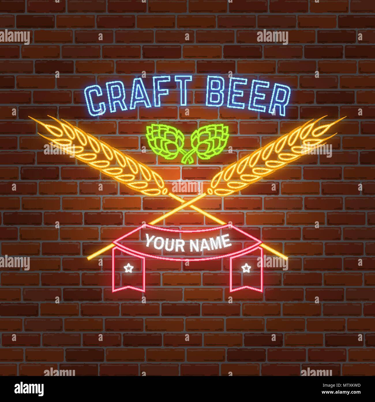 Retro neon Beer Bar sign on brick wall background. Vector illustration ...