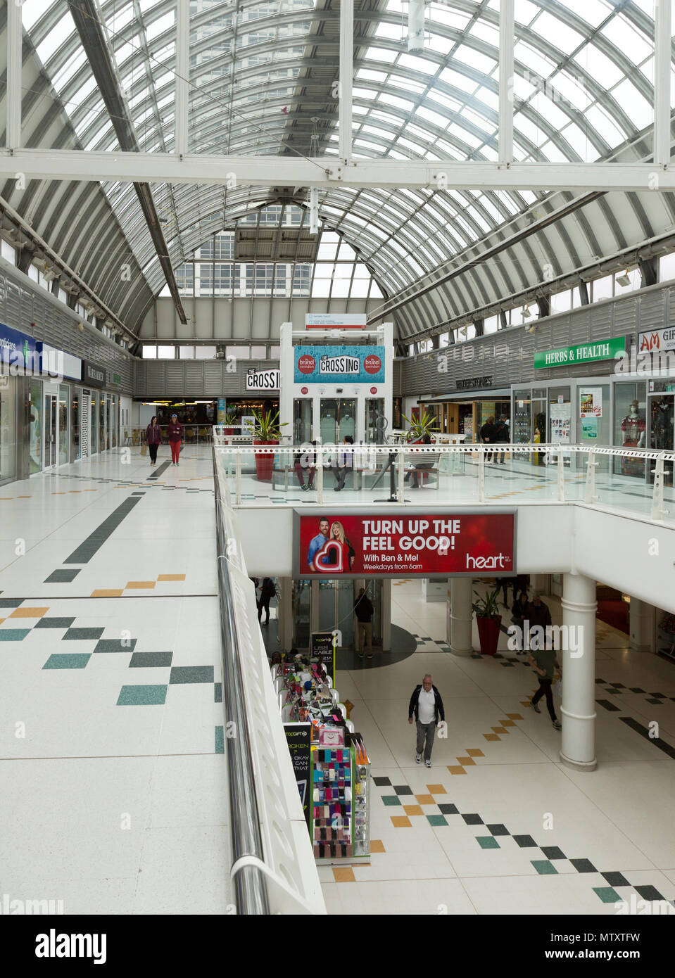 Almost empty quiet inside shopping mall, Brunel Centre, Swindon ...