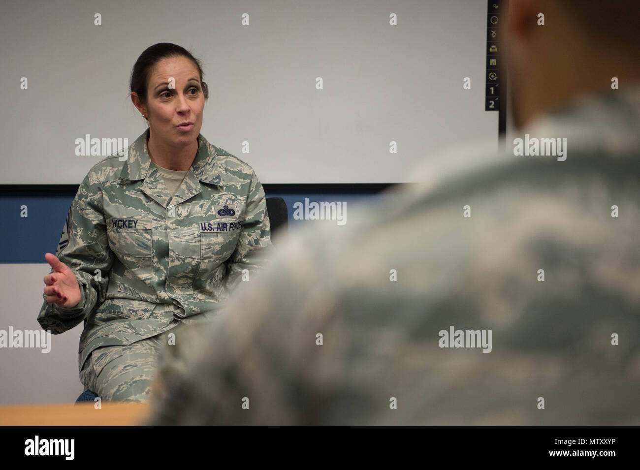 Command Chief Master Sgt. Patricia L. Hickey speaks with Airmen during ...