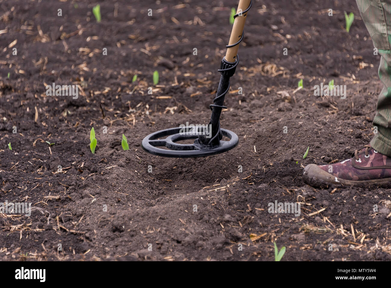 man to seek treasure on earth with a metal detector, walks the field ...