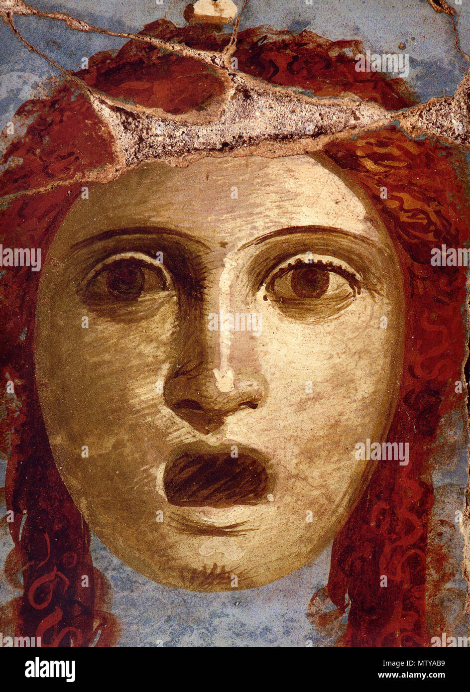 . English: Female theatre mask. Roman fresco from Casa del Bracciale d ...