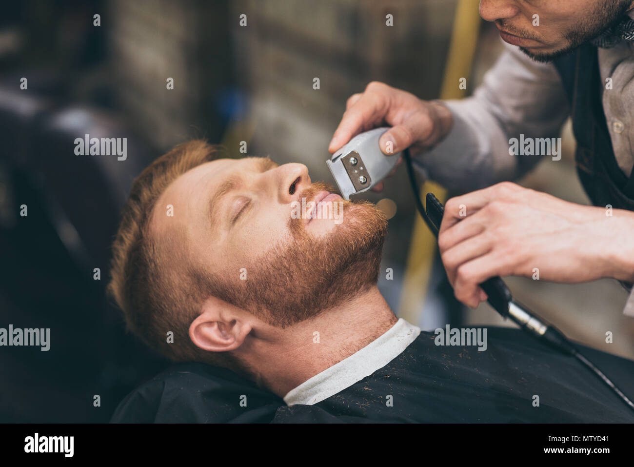 Male barber trimming customers beard in barber shop Stock Photo - Alamy