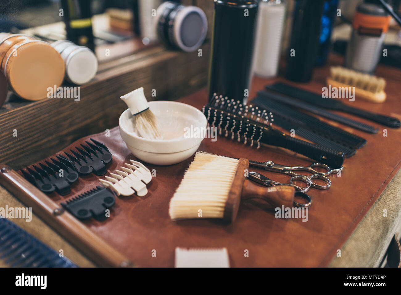 Set of professional equipment on barbers workplace Stock Photo - Alamy
