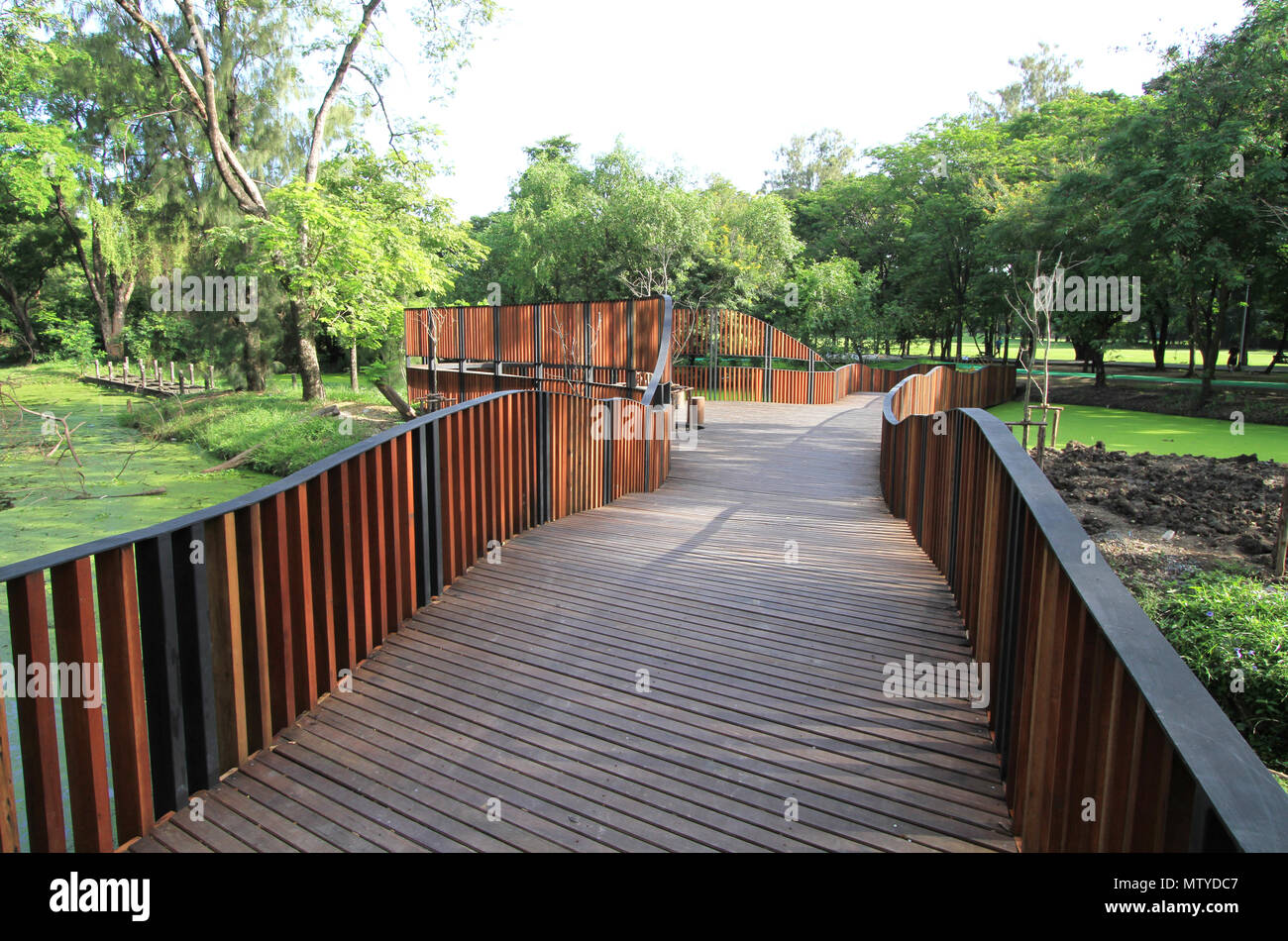 Wooden walkway with handrail in the park Stock Photo - Alamy