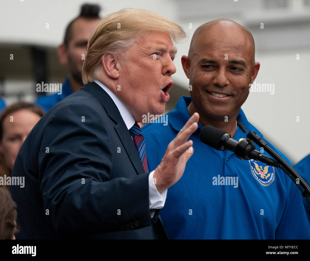 United States president Donald J. Trump speaks with retired baseball ...