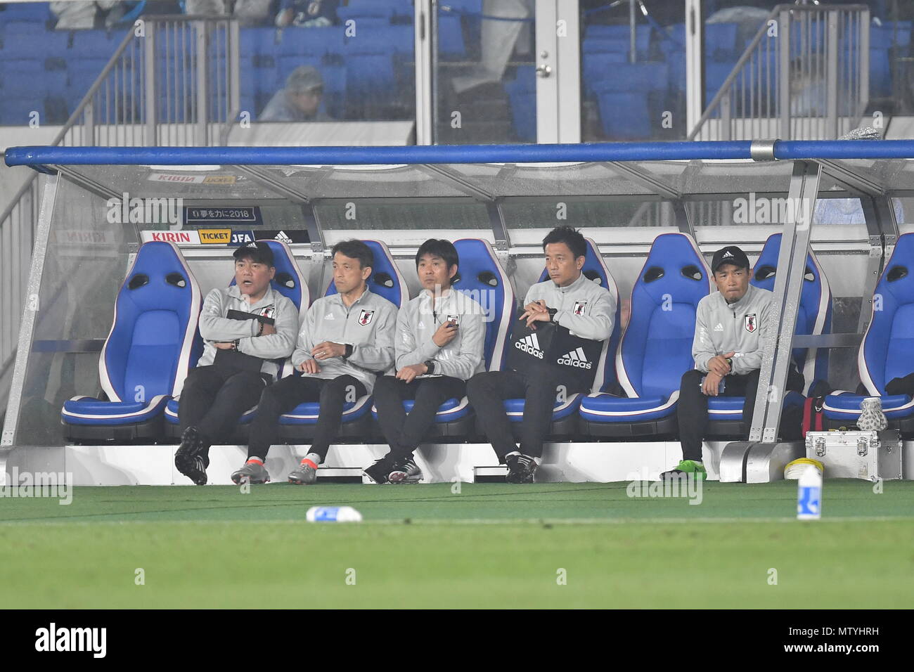 Kanagawa, Japan. 30th May, 2018. (L-R) Makoto Teguramori, Yukiya Hamano, Hajime Moriyasu ...
