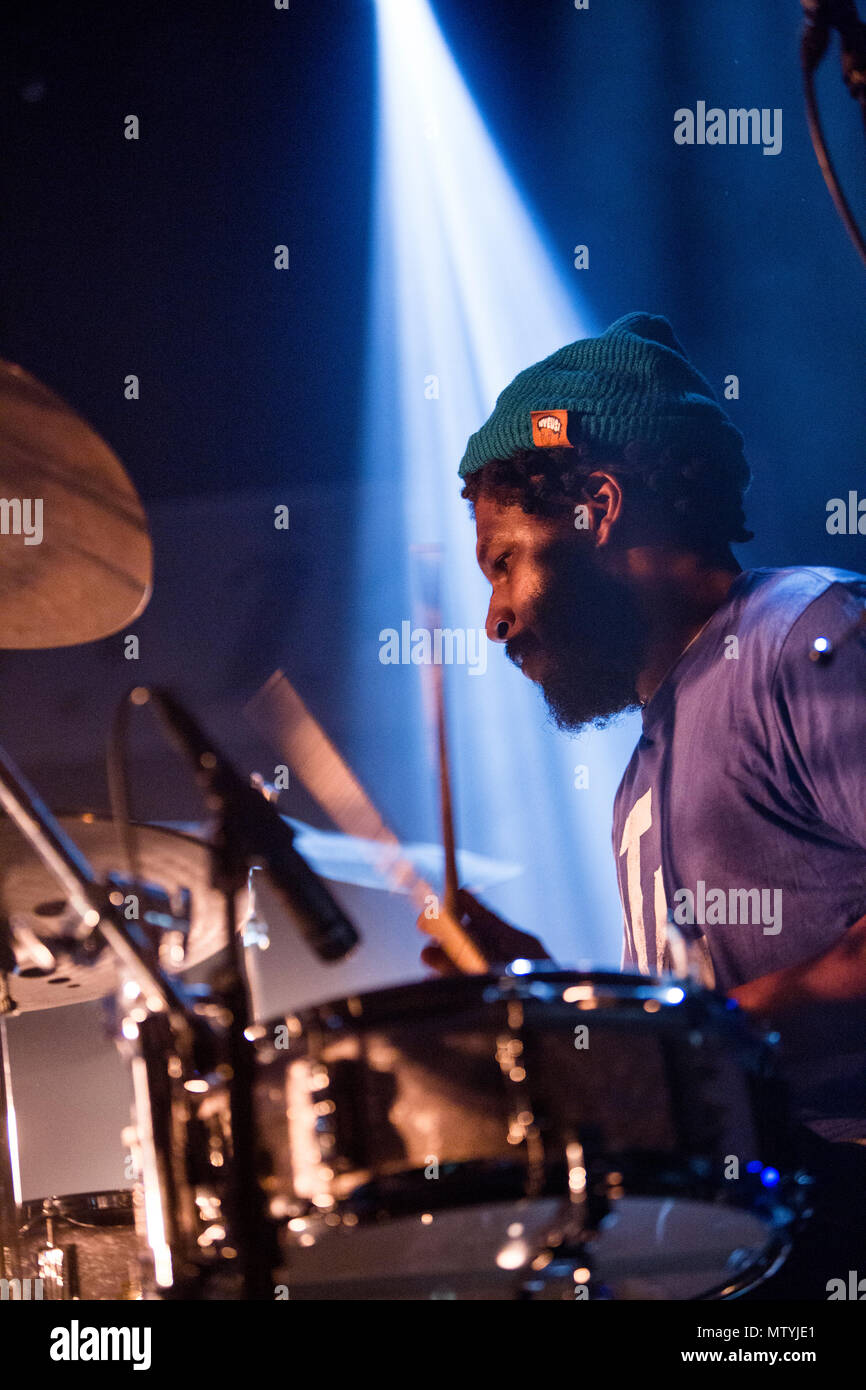 Norway, Bergen - May 30, 2018. Drummer Justin Brown performs live with ...