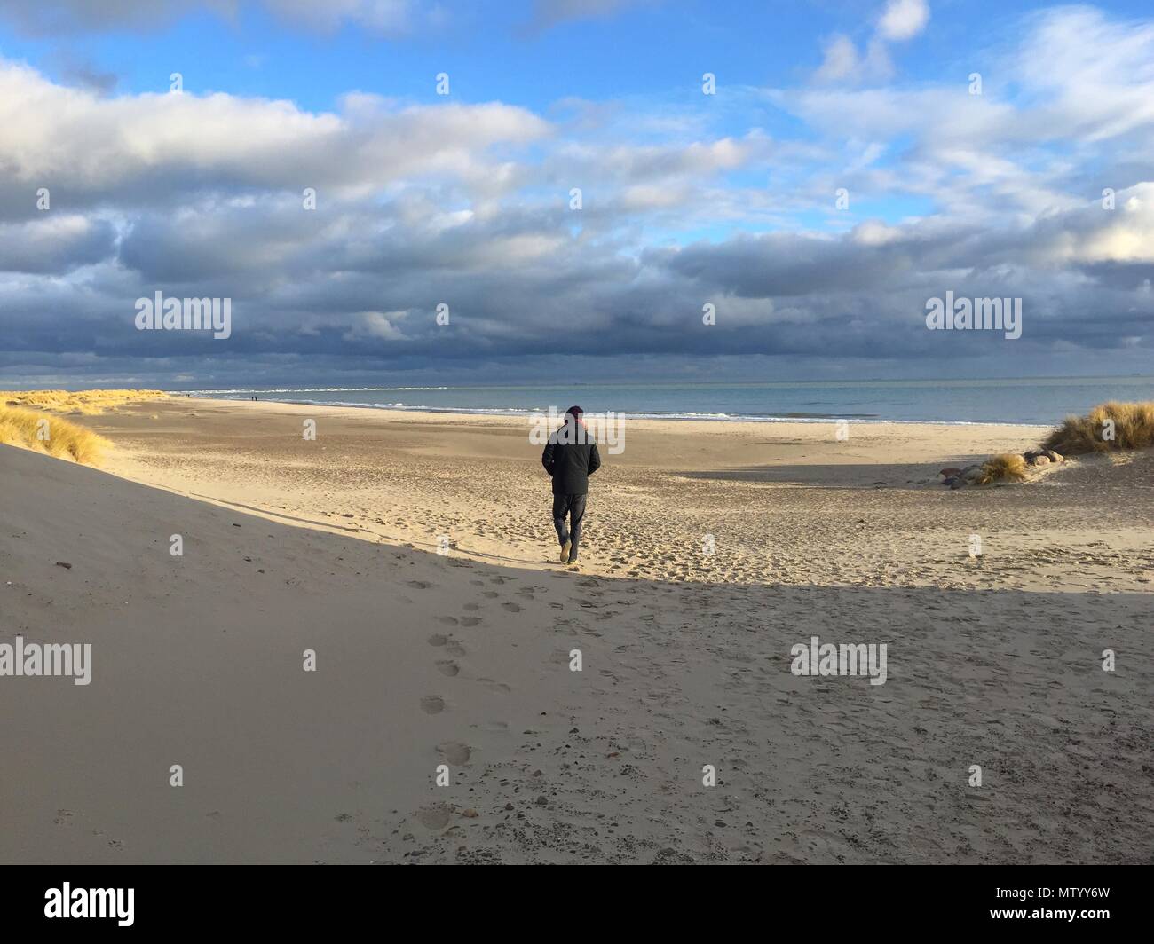 Man walking on Grenen beach, Skagen, Denmark Stock Photo - Alamy