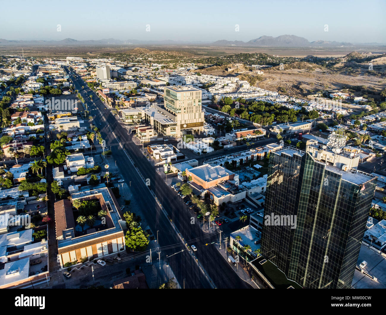 Aerial view of the tower building of Hermosillo, Kino Boulevard and the ...