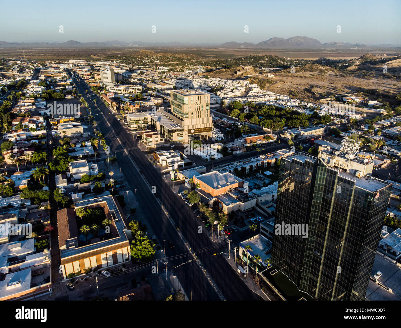 Aerial view of the tower building of Hermosillo, Kino Boulevard and the ...