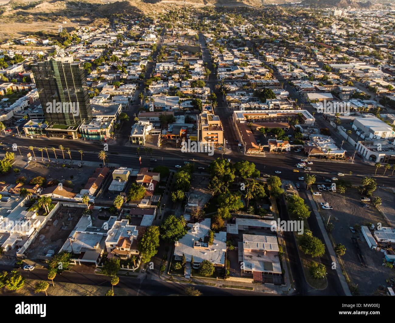 Aerial view of the tower building of Hermosillo, Kino Boulevard and the ...