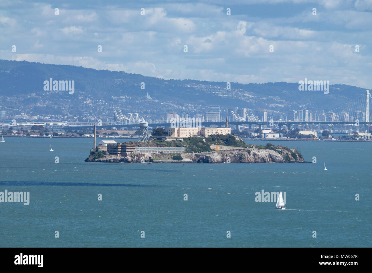A view of Alcatraz island from Golden Gate bridge, San Francisco with ...