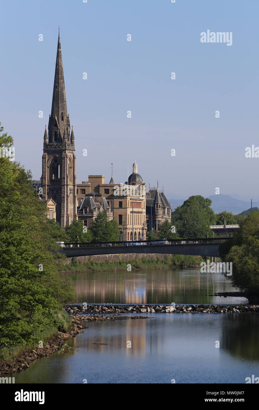 St Matthews Church and Queens Bridge reflected in River Tay Perth ...