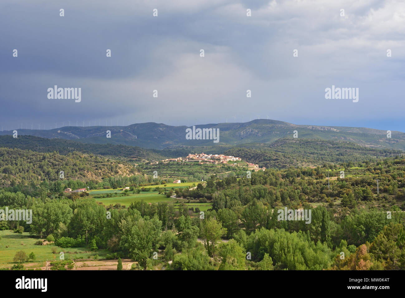 landscape of the Maestrazgo in the background the town of Zorita del ...