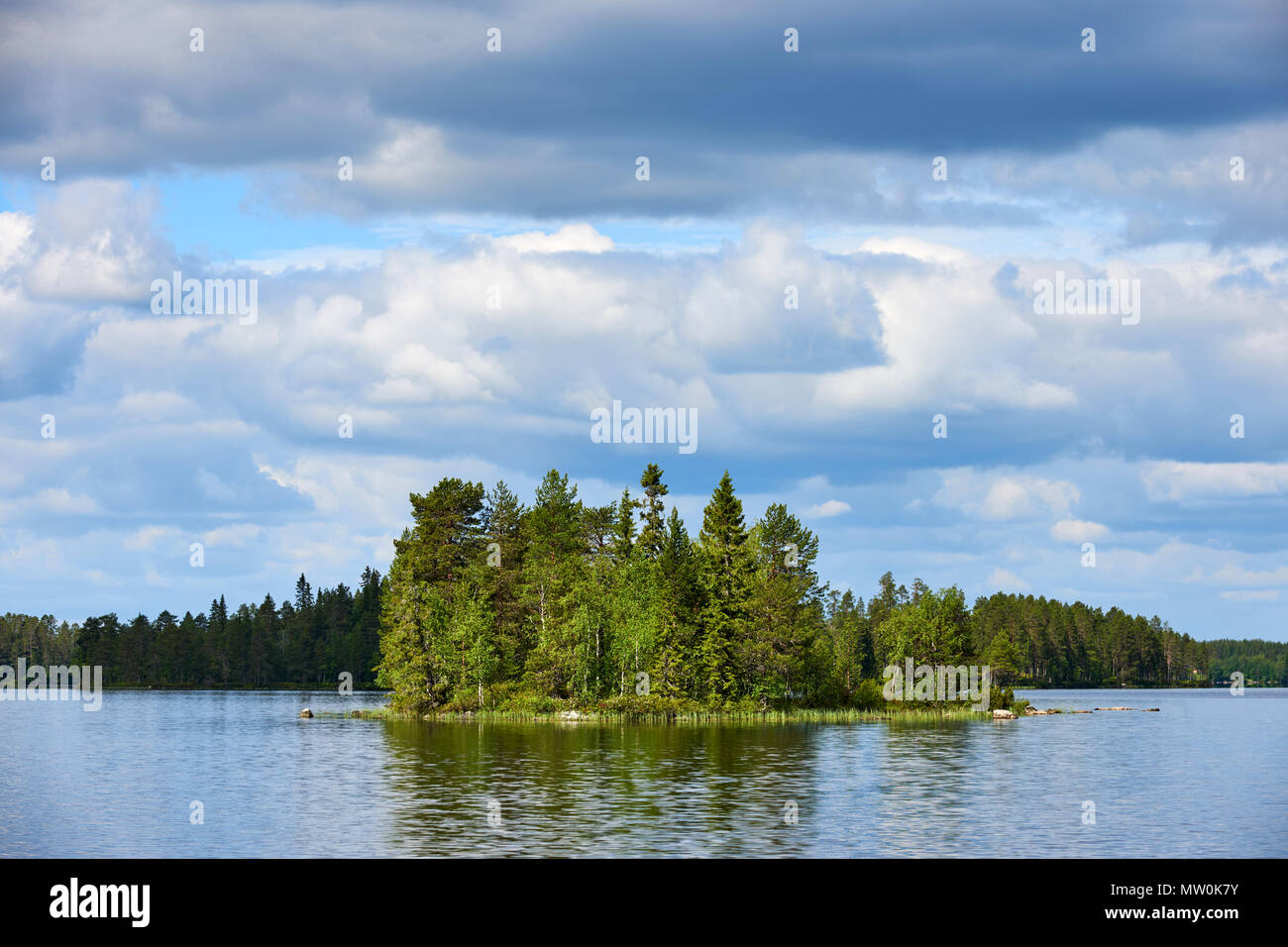 Relaxing Finnish landscape, with lake, forest, trees, sky and reflected ...