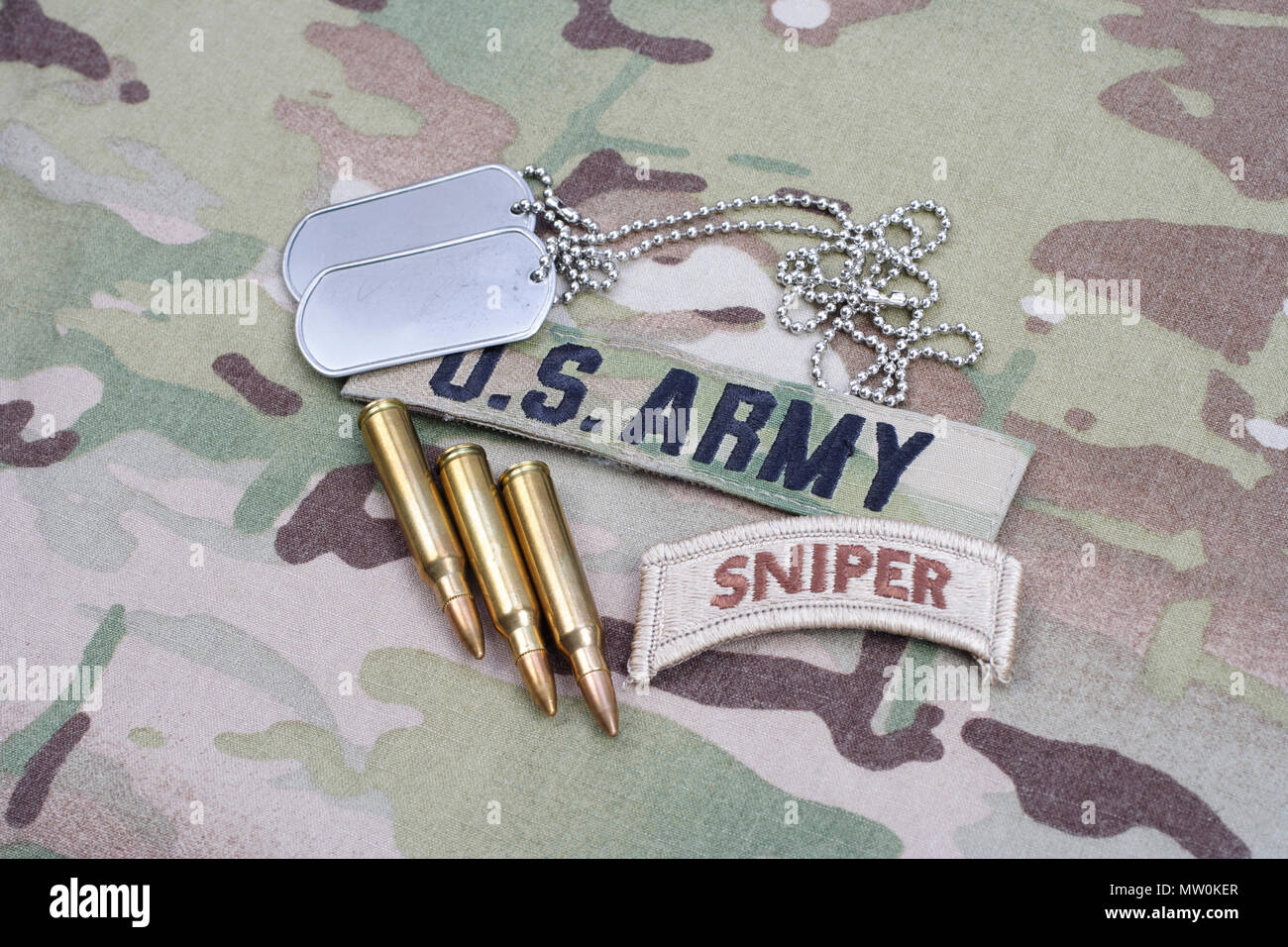 KIEV, UKRAINE - September 5, 2015. US ARMY sniper tab, flag patch, with ...