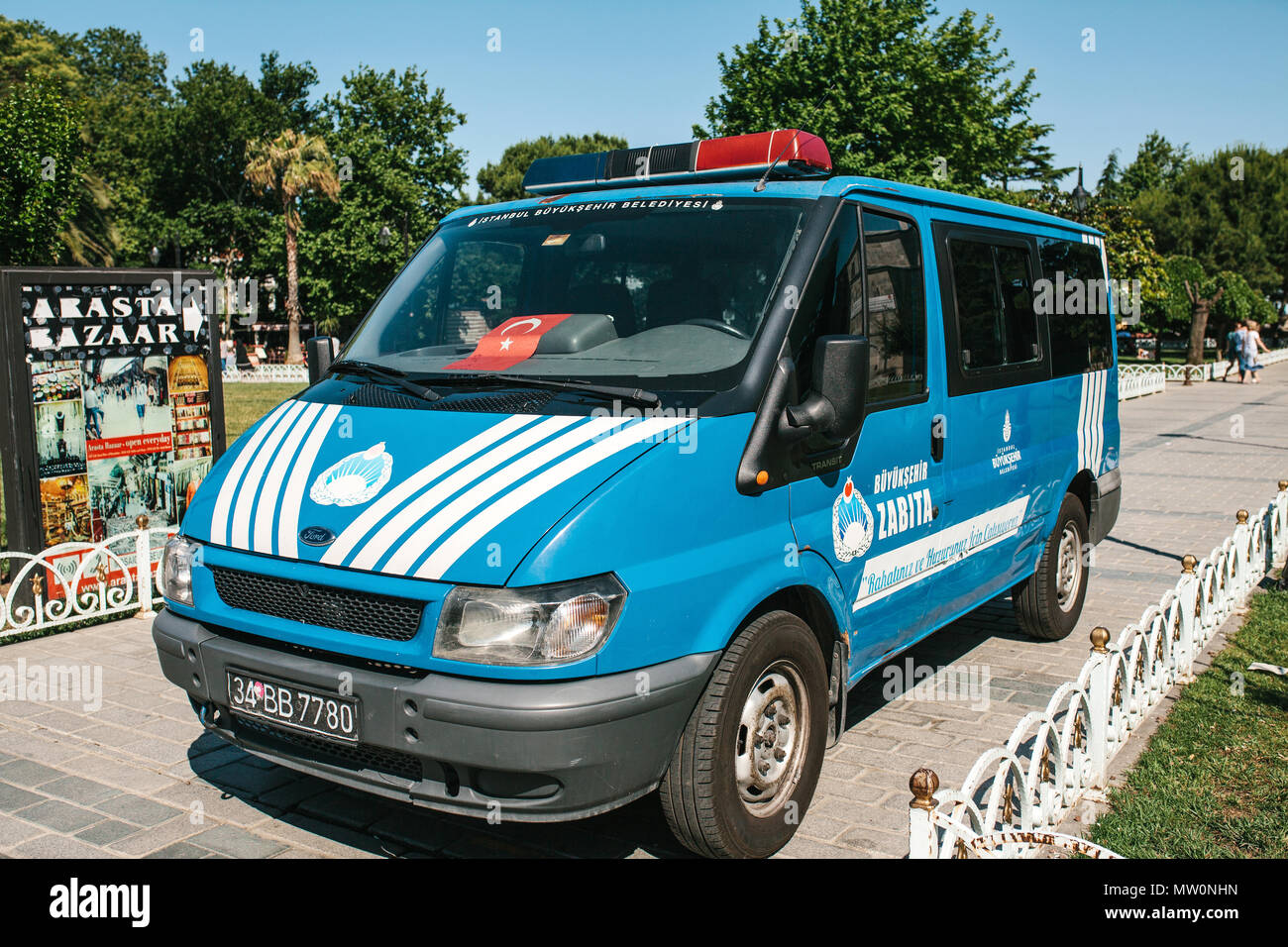 A police car on the street of the city. Protection of public order ...