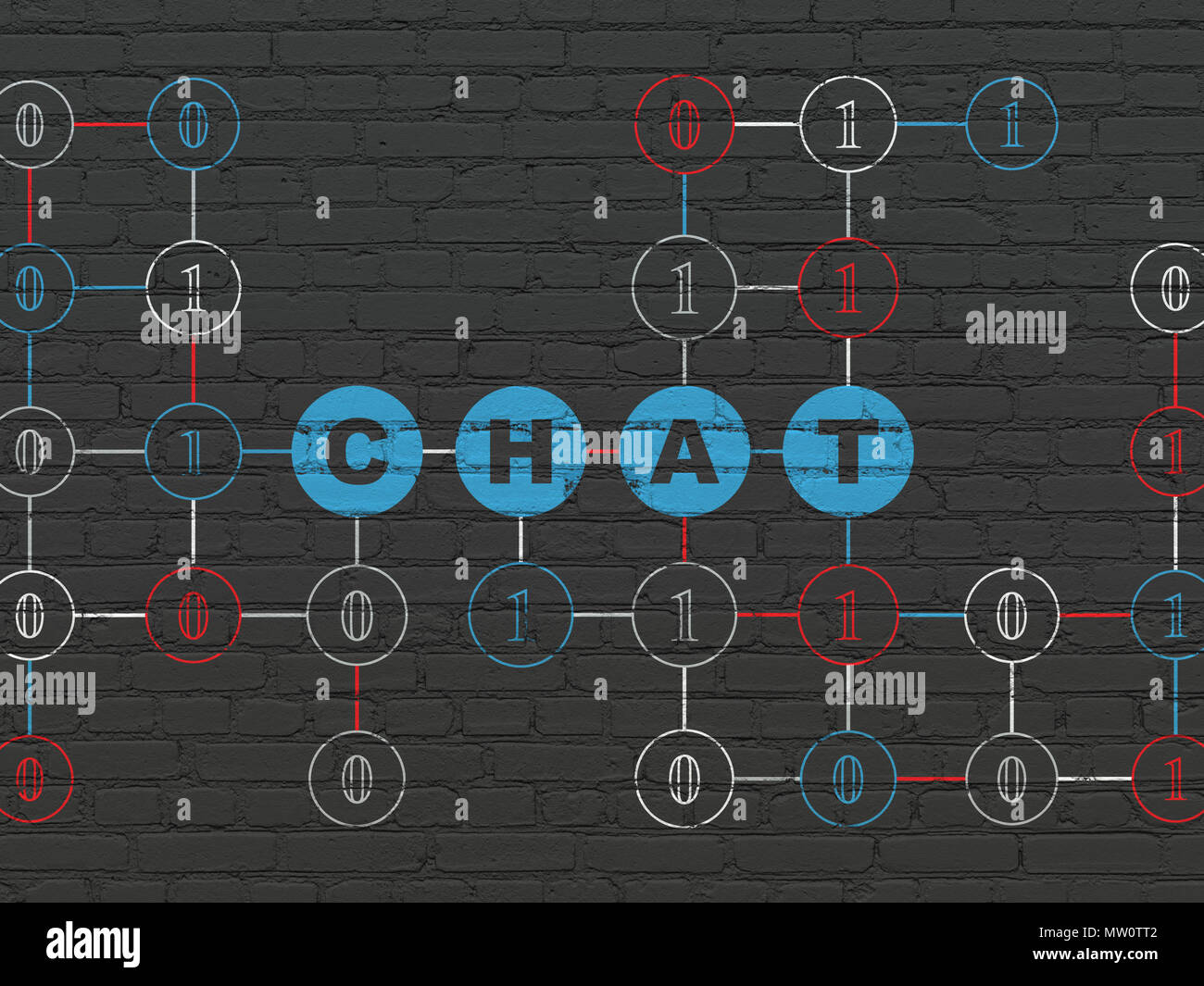 Web development concept: Painted blue text Chat on Black Brick wall background with Binary Code ...