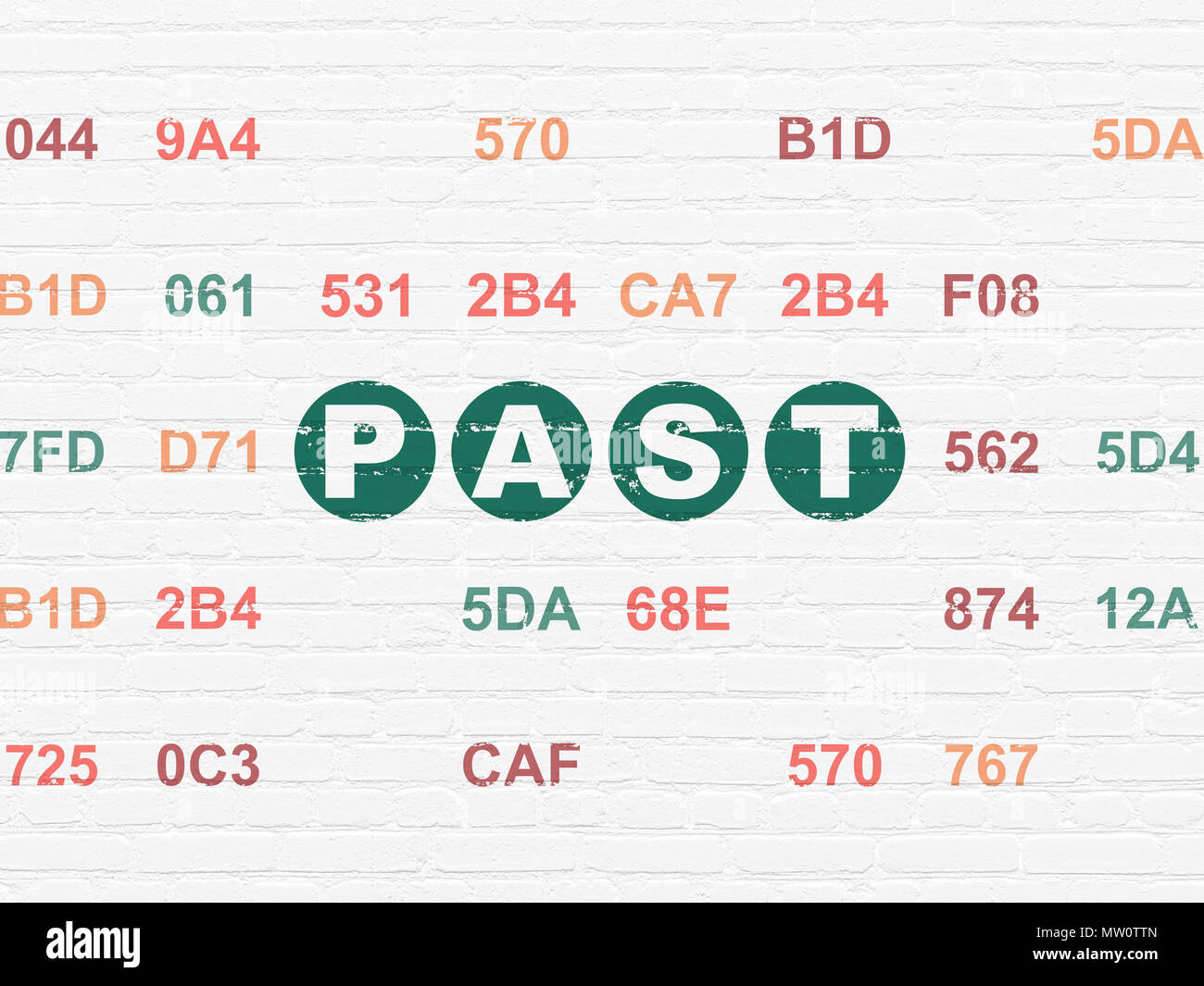 Time concept: Painted green text Past on White Brick wall background with Hexadecimal Code Stock ...