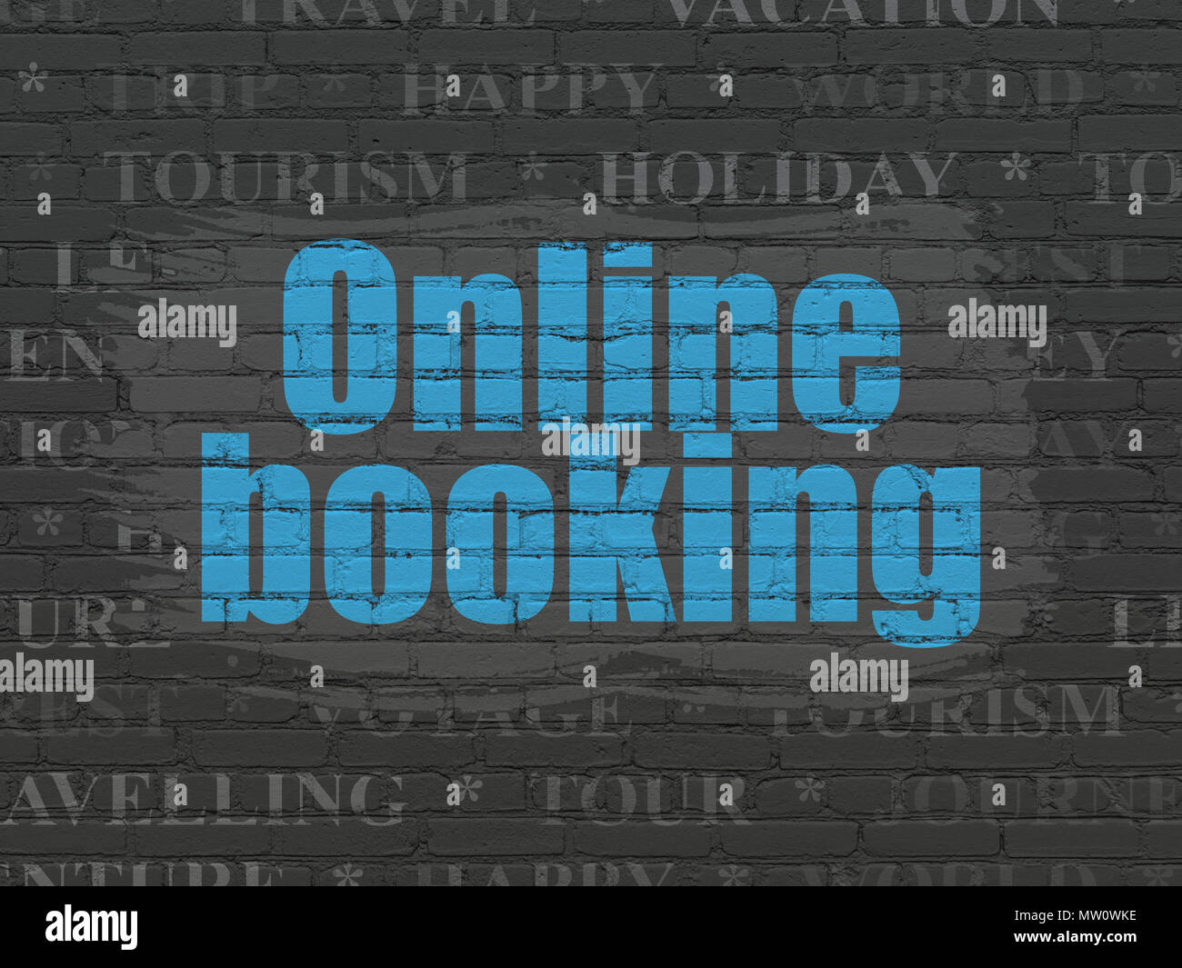 Travel concept: Painted blue text Online Booking on Black Brick wall ...