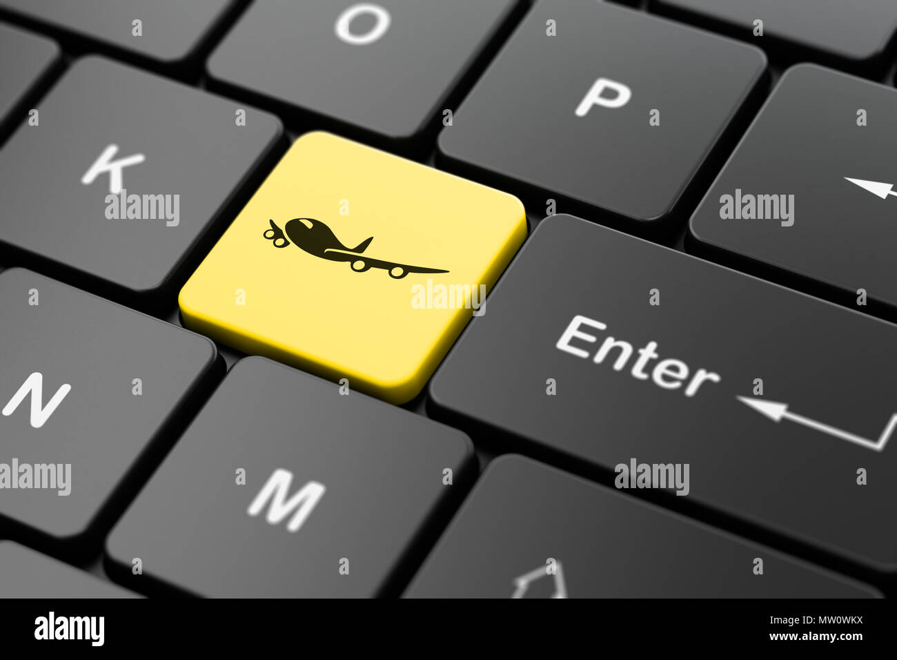 Travel concept: computer keyboard with Airplane icon on enter button ...