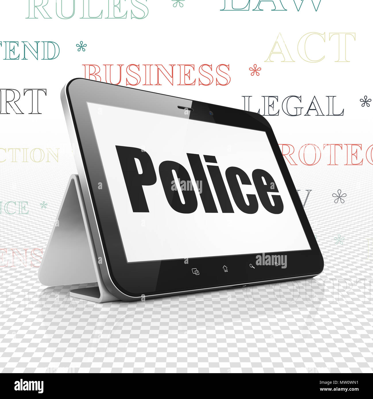 Law concept: Tablet Computer with black text Police on display, Tag ...