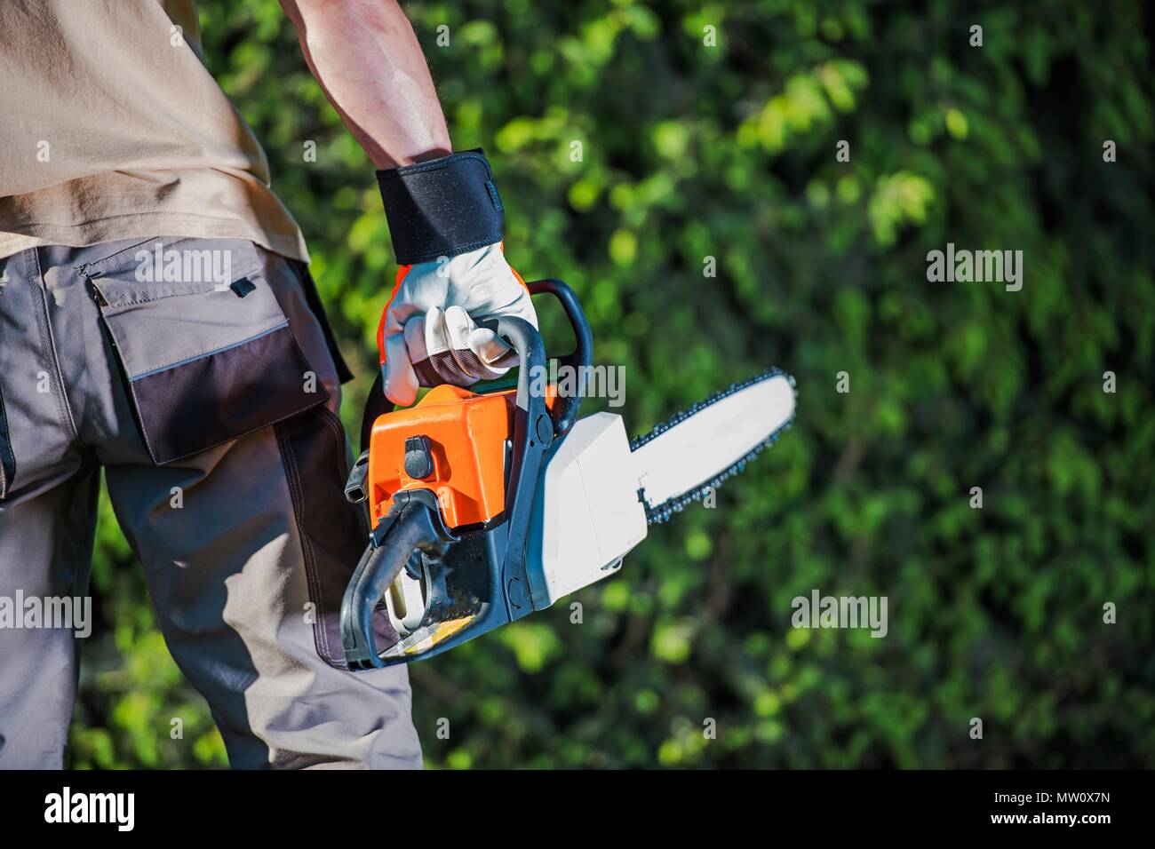Caucasian Gardener with Gasoline Chain Saw in Hand. Closeup Photo Stock ...