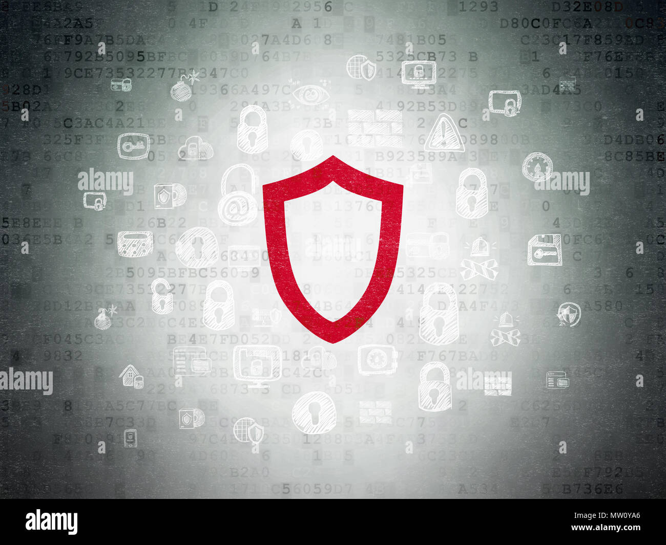 Safety concept: Painted red Contoured Shield icon on Digital Data Paper background with Hand ...